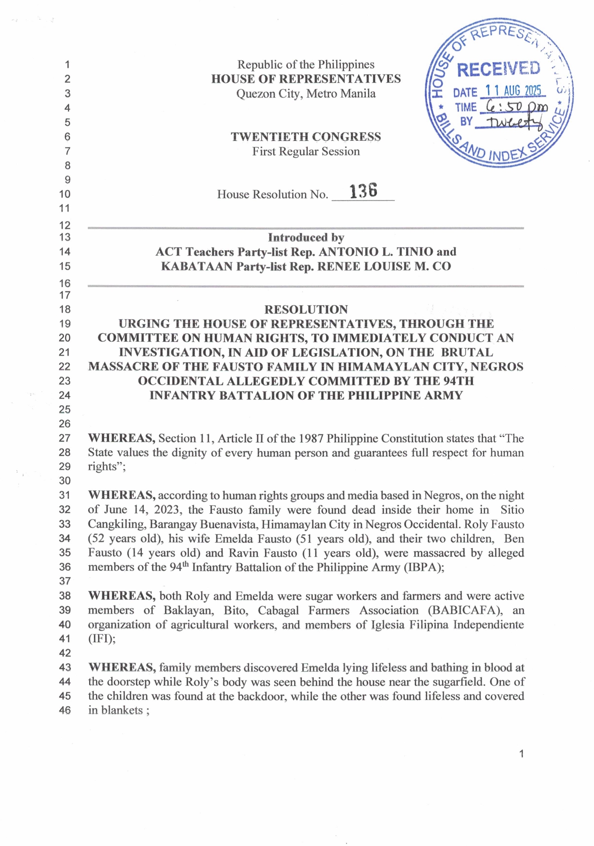 Lawmakers move to probe Fausto massacre, alleged militarization in Negros